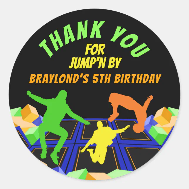 Boys Trampoline Park Thank You Classic Round Sticker | Zazzle