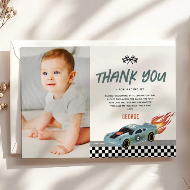 Boys Two Fast Photo Racing Car 2nd Birthday Thank You Card | Zazzle