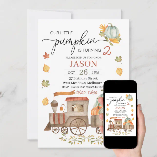 Boys Two Two Little Pumpkin Train 2nd Birthday Inv Invitation | Zazzle