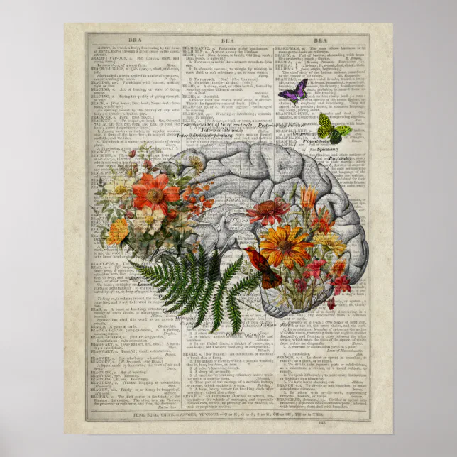 Brain Anatomy with Flowers and Butterflies Poster | Zazzle