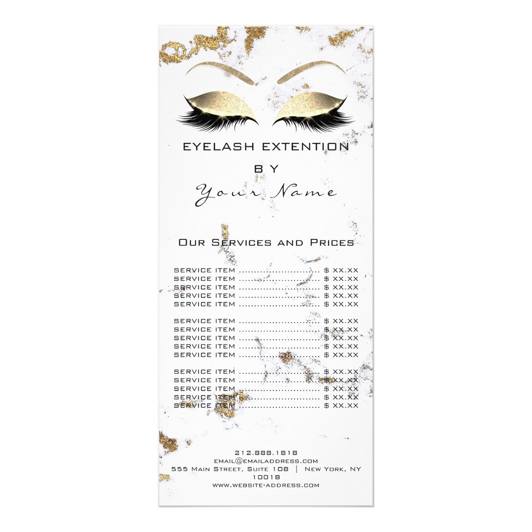Branding Price List Lashes Extension Gold White Rack Card | Zazzle