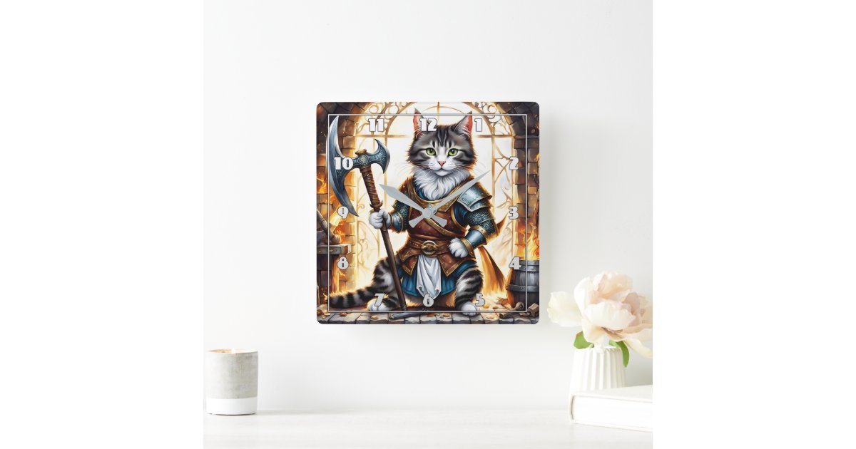 Brave Cat Warrior in Medieval Armor Square Wall Clock | Zazzle