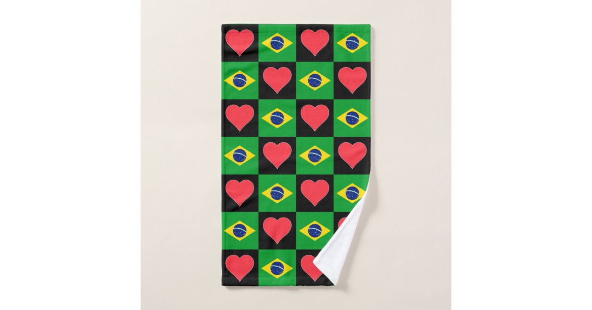 Brazil Flag and Heart Pattern Fun Brasil Brazilian Hand Towel | Zazzle