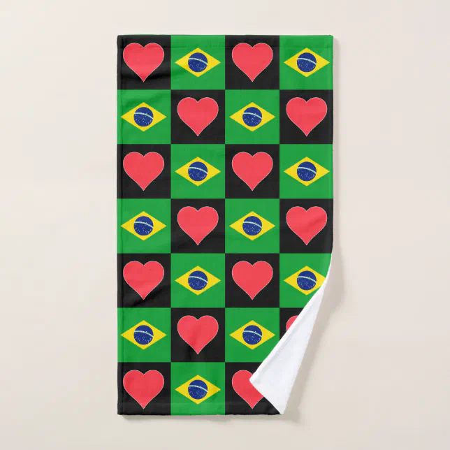 Brazil Flag and Heart Pattern Fun Brasil Brazilian Hand Towel | Zazzle