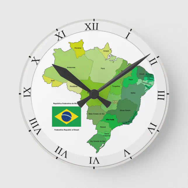 Brazil Flag and Political Map Round Clock | Zazzle