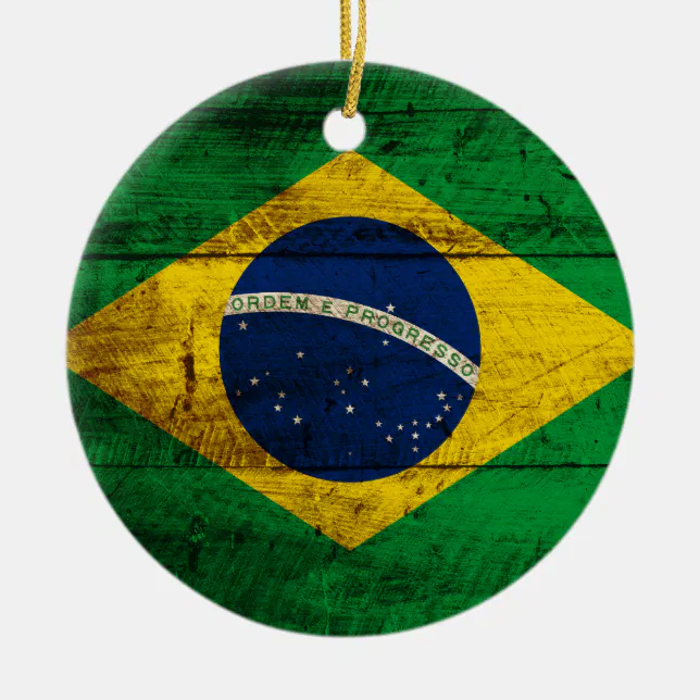 Brazil Flag on Old Wood Grain Ceramic Ornament | Zazzle