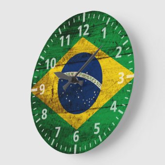 Brazil Flag on Old Wood Grain Large Clock | Zazzle