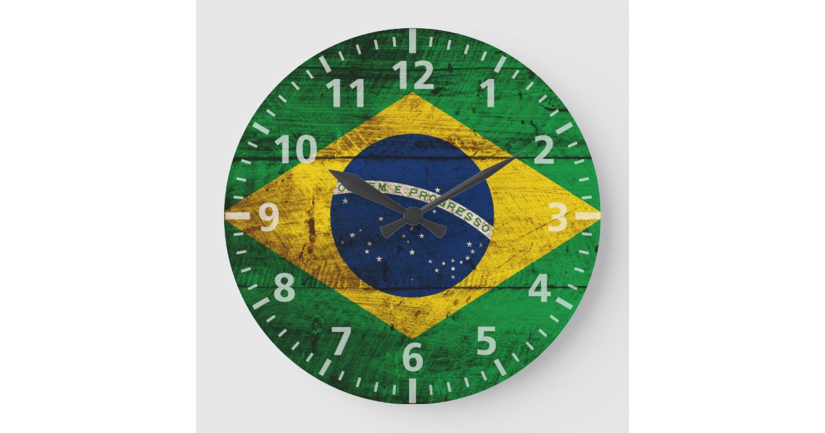 Brazil Flag on Old Wood Grain Large Clock | Zazzle