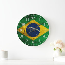 Brazil Flag on Old Wood Grain Large Clock | Zazzle