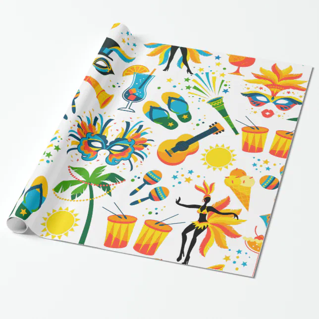Brazilian Carnaval colorful symbols pattern Wrapping Paper | Zazzle
