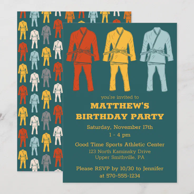 Brazilian Jiu Jitsu Gi Graphic Teal Boys Birthday Invitation | Zazzle
