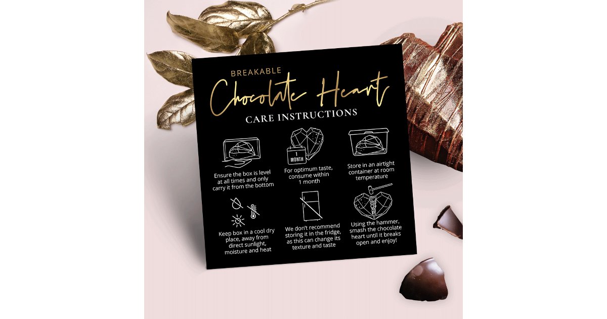 Breakable Chocolate Heart Care Guide Black & Gold Square Business Card ...