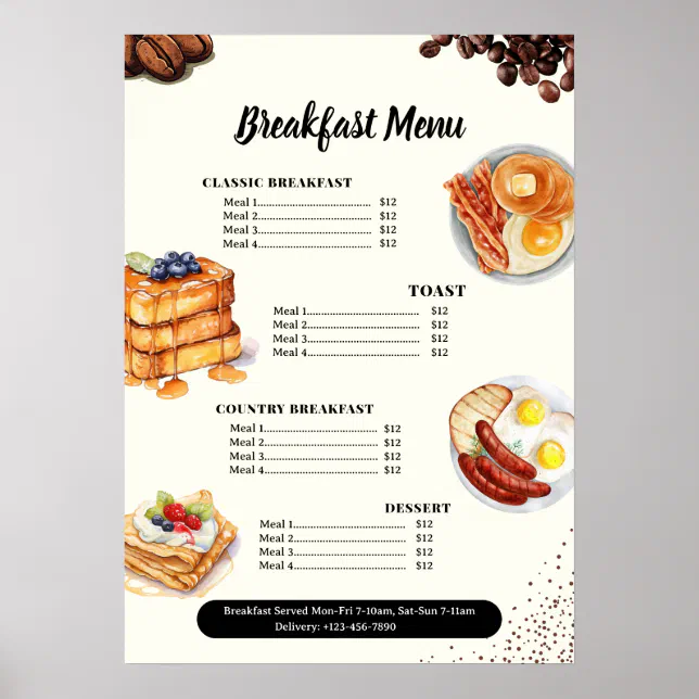 Breakfast Menu, Restaurant Menu, Cafe Marketing Poster | Zazzle