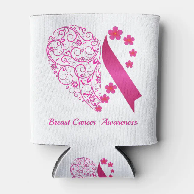 Breast Cancer Awareness Heart Floral Pink ribbon Can Cooler | Zazzle