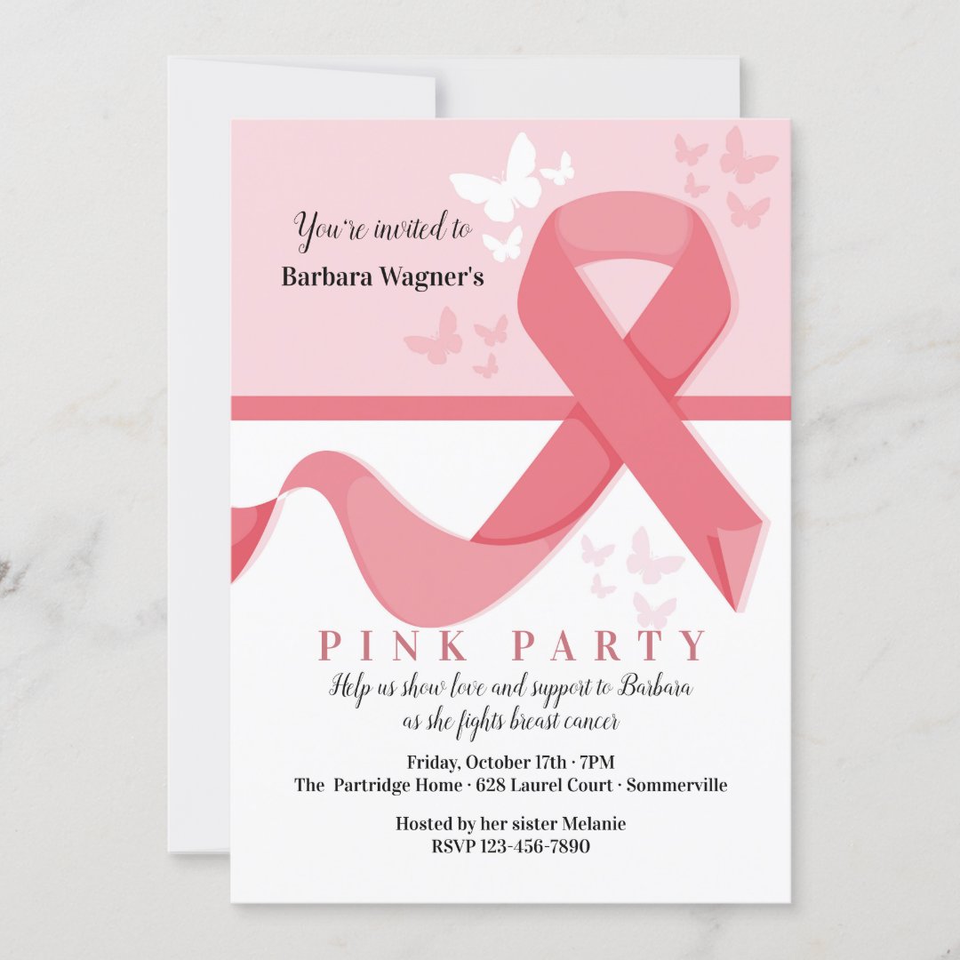 Breast Cancer Ribbon and Butterflies Invitation | Zazzle