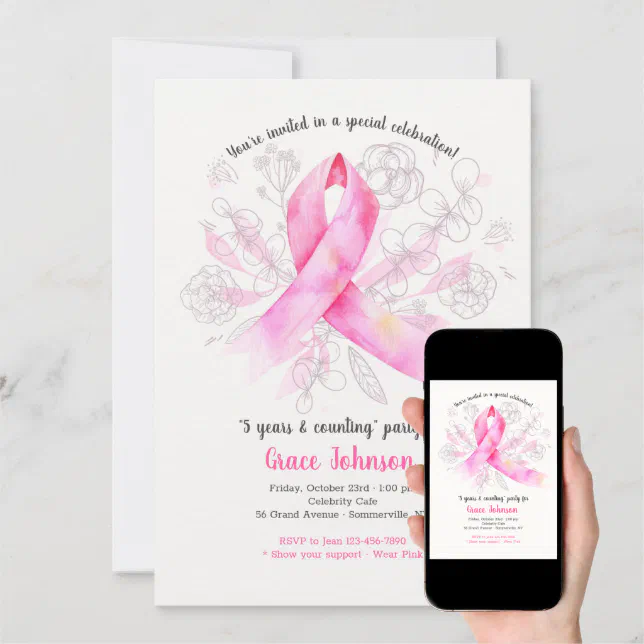 Breast Cancer Ribbon Watercolor Invitation | Zazzle