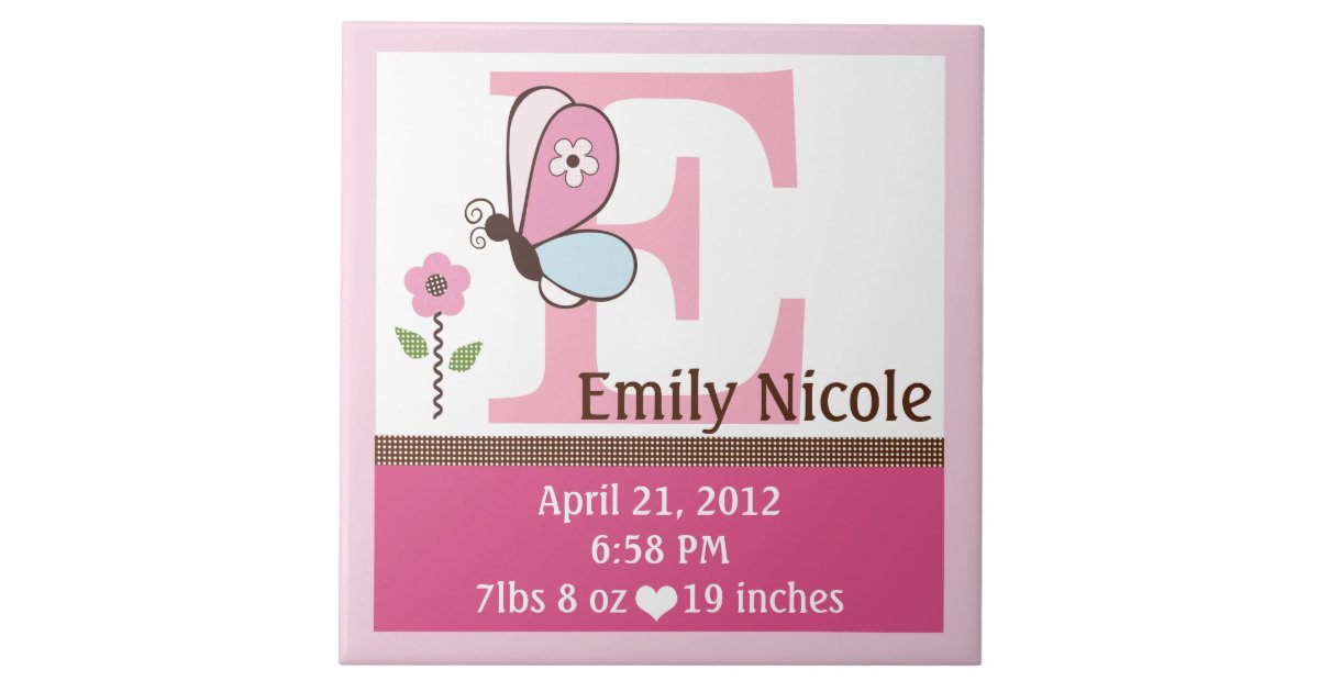 Bria Butterfly Letter Name Birth Info Tile | Zazzle