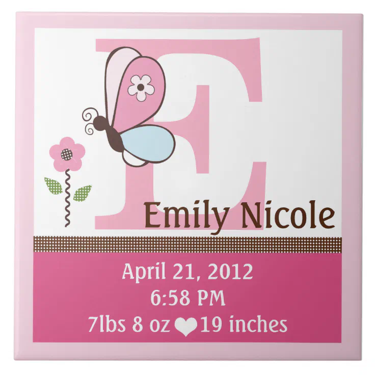 Bria Butterfly Letter Name Birth Info Tile | Zazzle