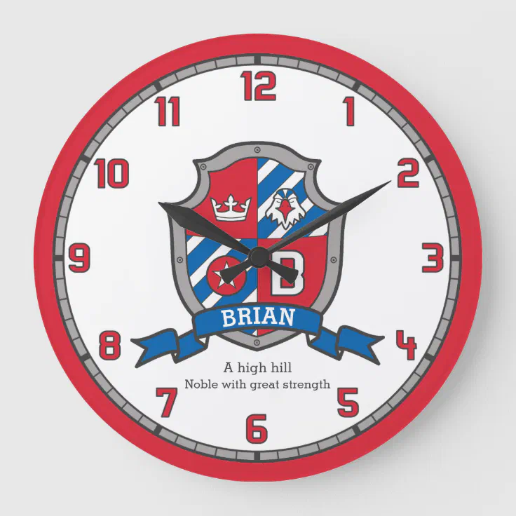 Brian name meaning heraldry shield letter B bird Large Clock | Zazzle