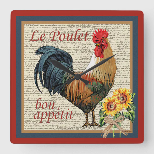 Brick Red French Country Kitchen-Rooster Square Wall Clock | Zazzle