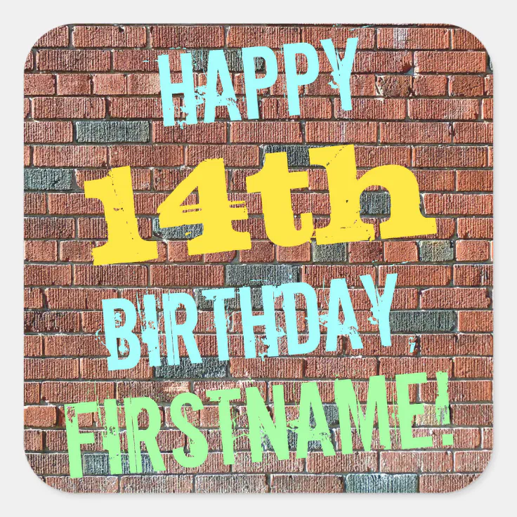 Brick Wall Graffiti Inspired 14th Birthday + Name Square Sticker | Zazzle
