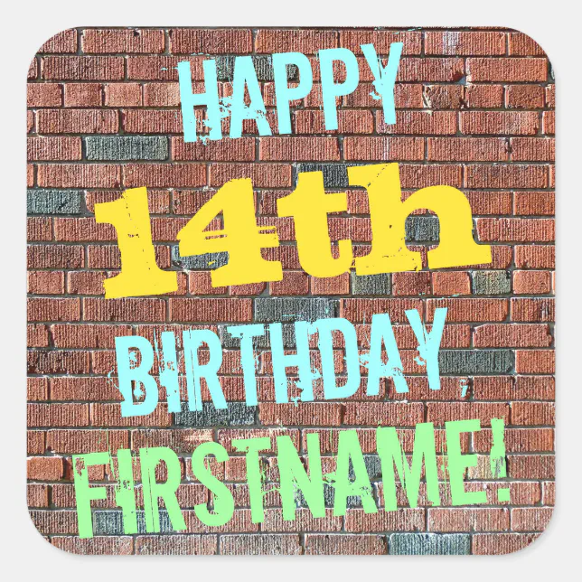 Brick Wall Graffiti Inspired 14th Birthday + Name Square Sticker | Zazzle
