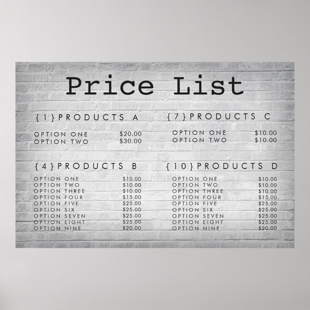 Brick Wall Service Price Menu Custom Printed Poster | Zazzle