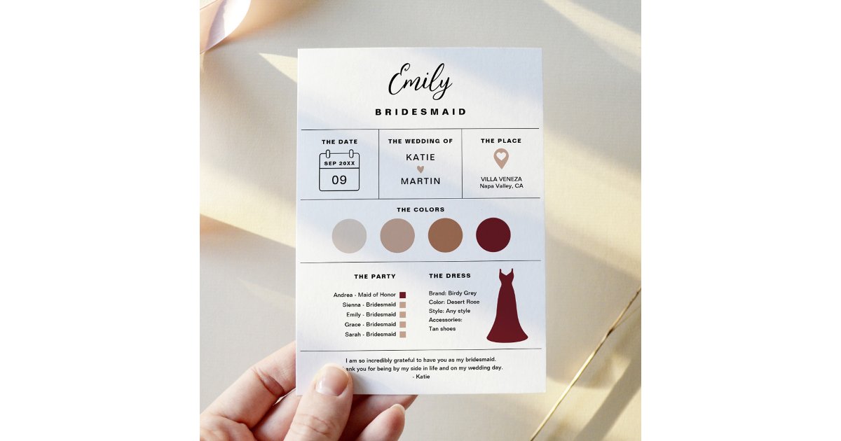 Bridal Party Info Card, Bridesmaid Attire Invitation | Zazzle