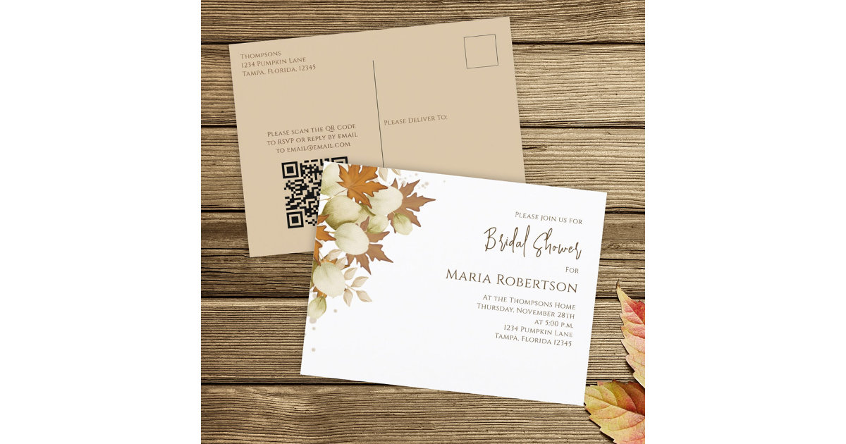 Bridal Shower Autumn Fall Greenery Leaves QR Code Postcard | Zazzle