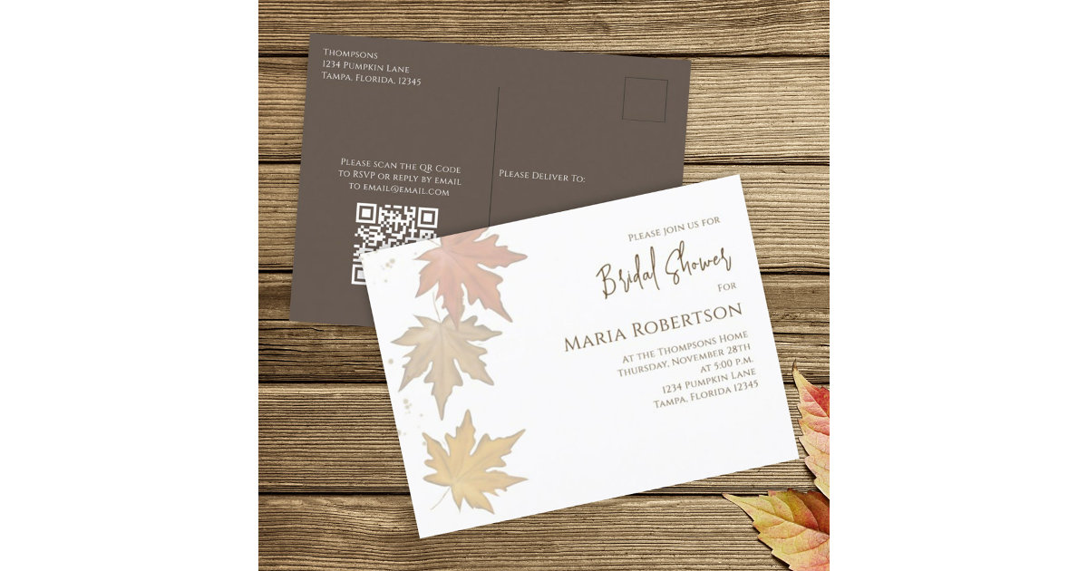 Bridal Shower Autumn Fall Greenery Leaves QR Code Postcard | Zazzle