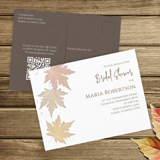 Bridal Shower Autumn Fall Greenery Leaves QR Code Postcard | Zazzle