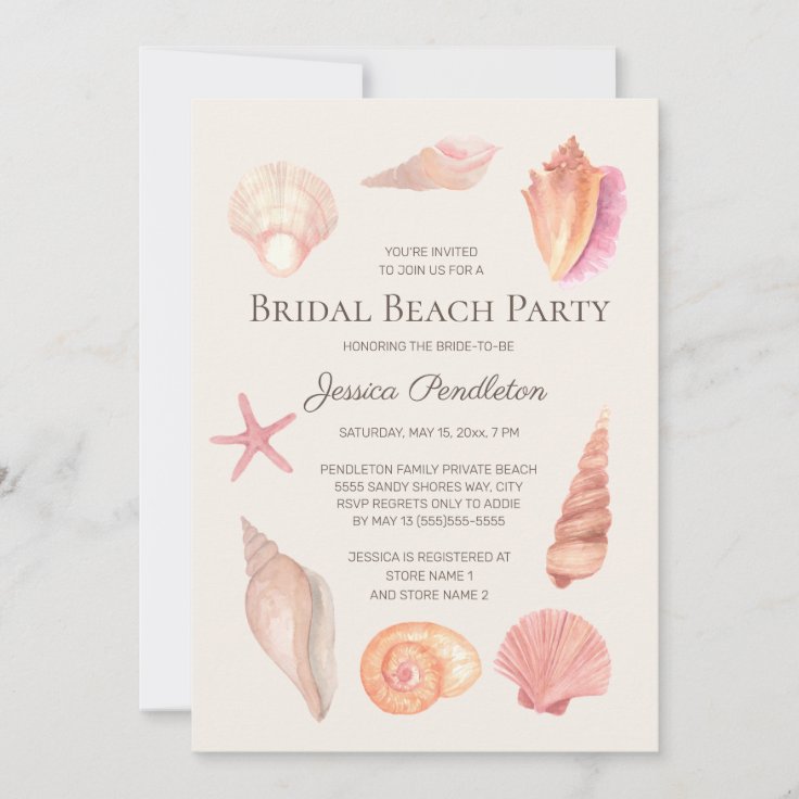 Bridal Shower Beach Party Pink Seashells Invitation | Zazzle