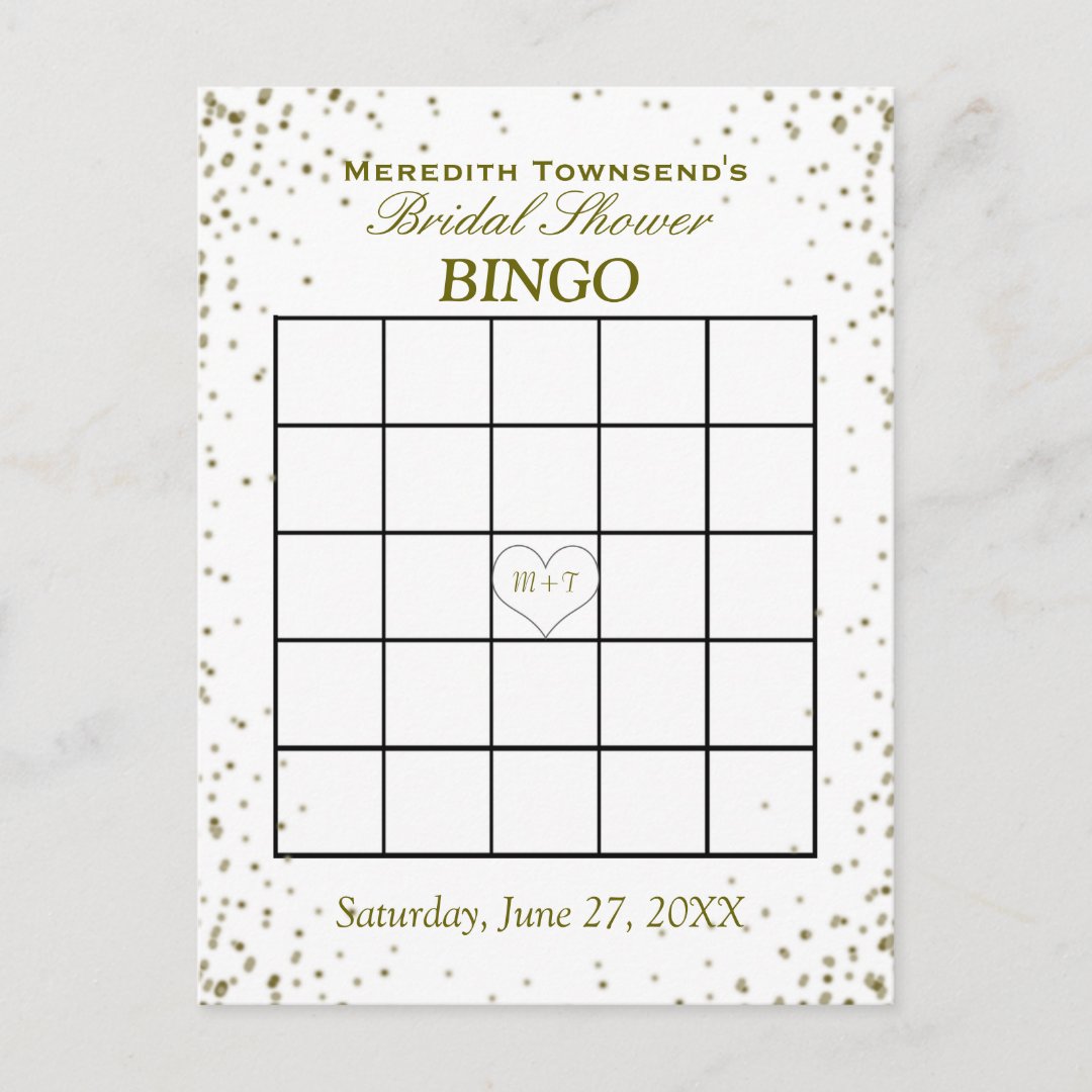 Bridal Shower Bingo | Gold Confetti Invitation Postcard | Zazzle