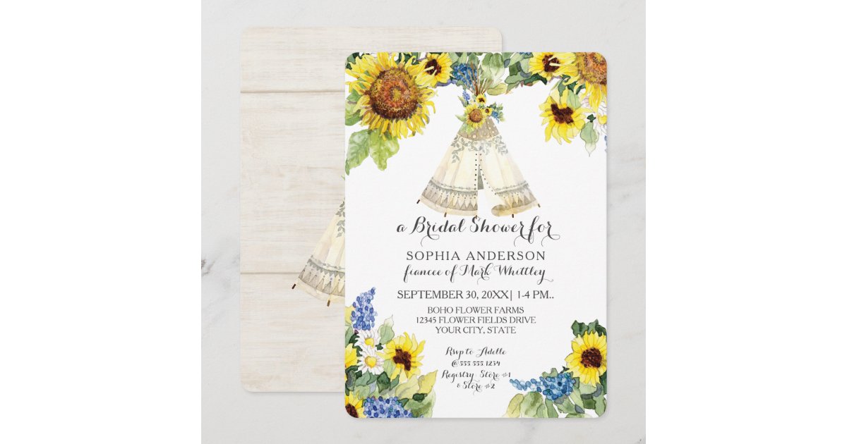 Bridal Shower BOHO Floral Teepee Sunflower Daisy Invitation | Zazzle