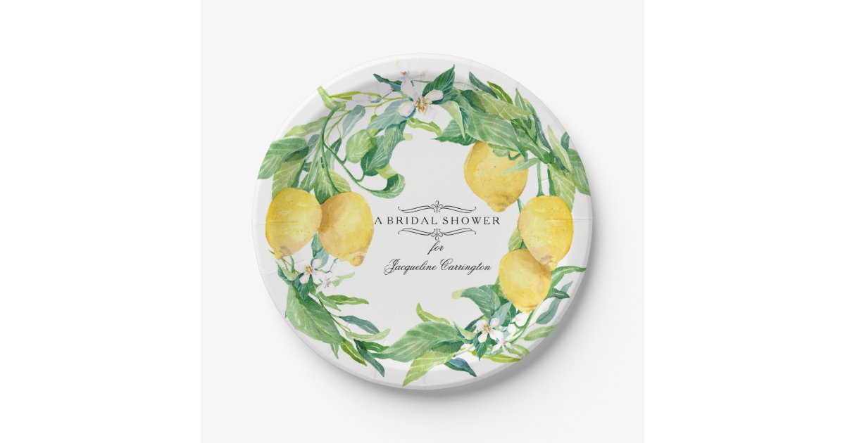 Bridal Shower Citrus Lemon Floral Leaf Wreath Art Paper Plates | Zazzle