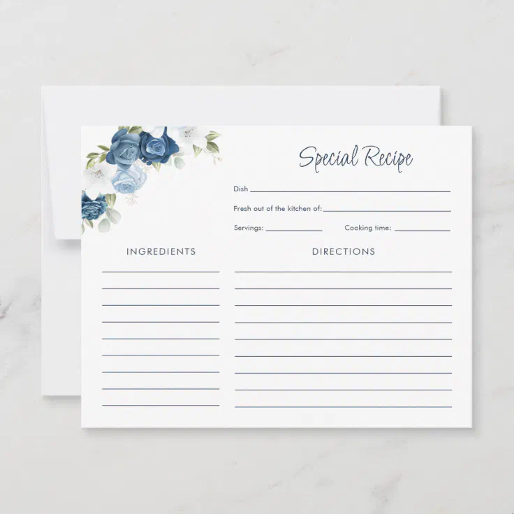 Bridal Shower Dusty Blue Floral Recipe Note Card | Zazzle