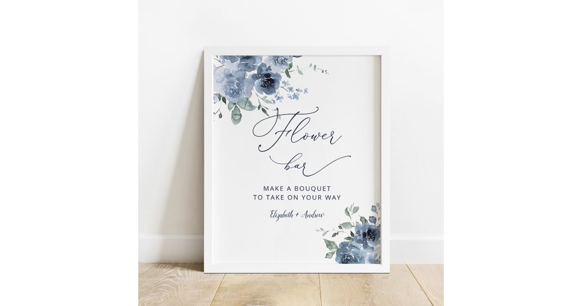 Bridal Shower Dusty Blue Flower Bar Sign | Zazzle