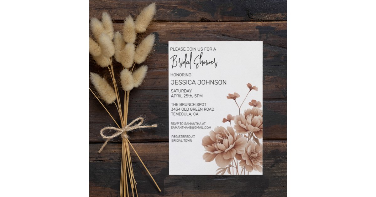 Bridal Shower Floral Mocha Mousse Invitation | Zazzle