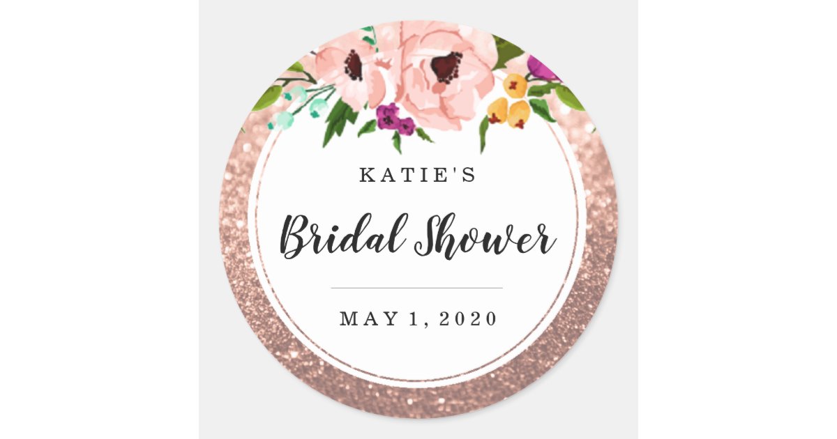 Bridal Shower Flower Crown Glitter Pink Rose Gold Classic Round Sticker ...