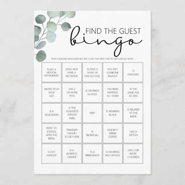 Bridal Shower Game-Find the Guest Bingo Program | Zazzle