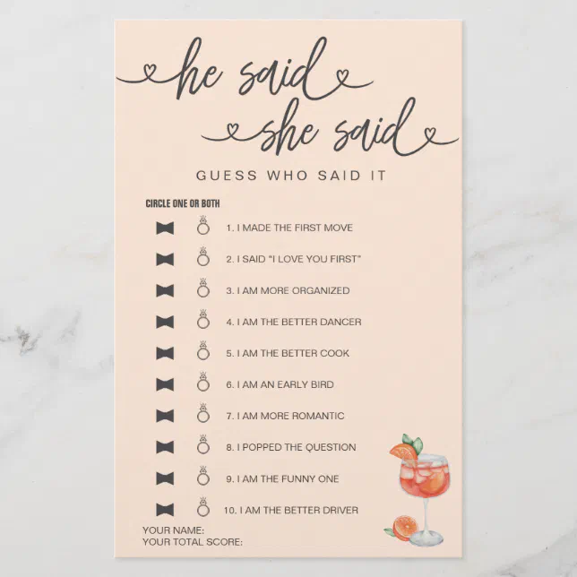 Bridal Shower Game He Said She Said Guess | Zazzle