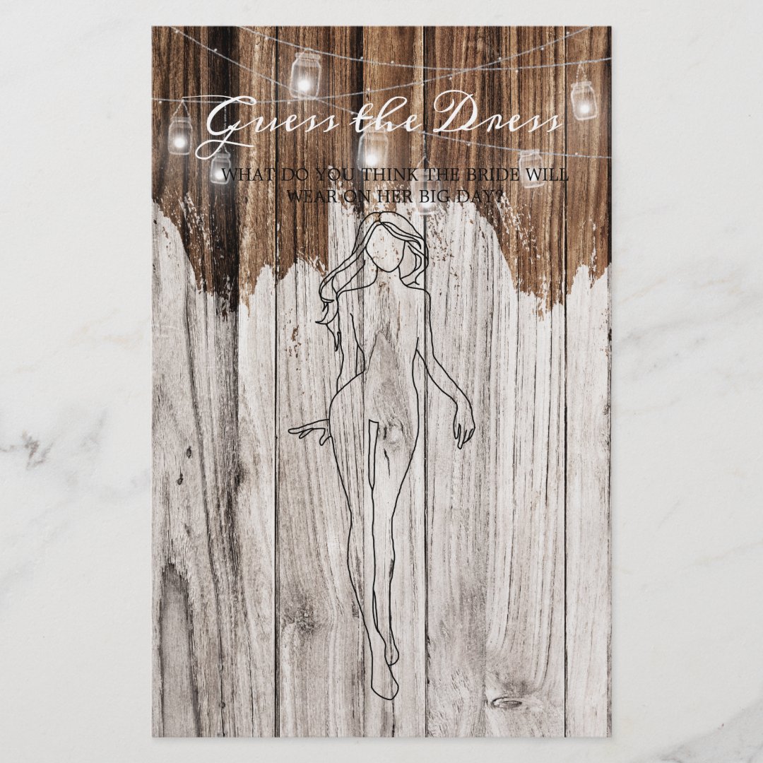 Bridal Shower Game Rustic Wood Guess the Dress Flyer | Zazzle