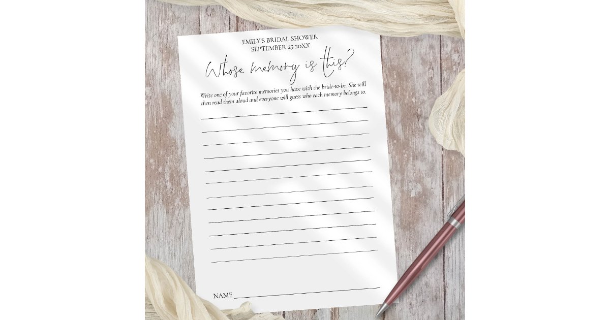 Bridal Shower Game Whose Memory Black white Card | Zazzle