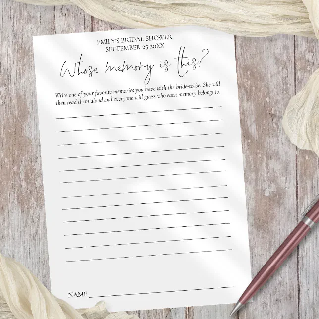 Bridal Shower Game Whose Memory Black white Card | Zazzle