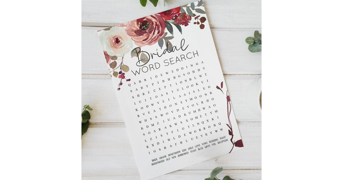 Bridal Shower Game Word Search Red Blush Roses | Zazzle