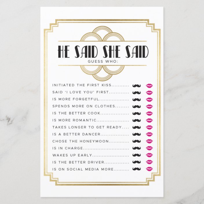 Bridal Shower Games He Said She Said Game Art Deco | Zazzle.com