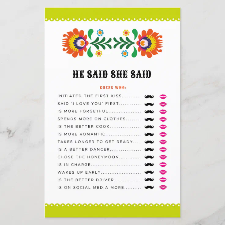 Bridal Shower Games He Said She Said Game Fiesta | Zazzle