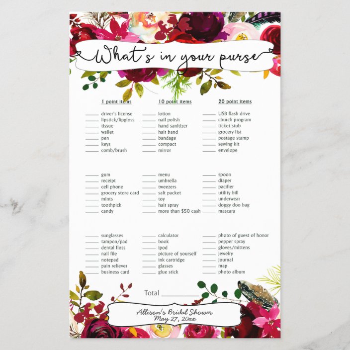 Bridal Shower Games purse / bingo, burgundy floral | Zazzle