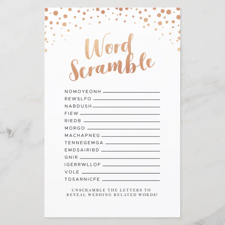 Bridal Shower Games Word Scramble Rose Gold Game | Zazzle