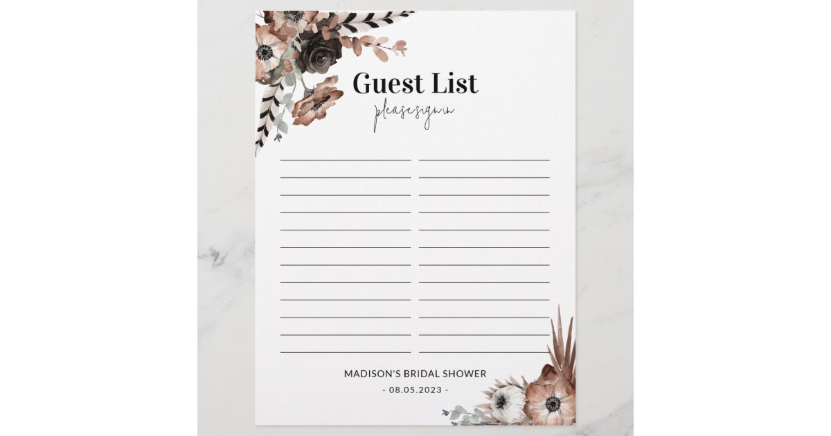 Bridal Shower Guest List Sign In Sheet Dark Floral | Zazzle
